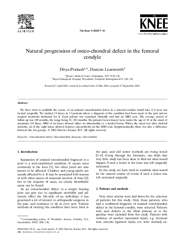 (PDF) Natural progression of osteo-chondral defect in the femoral condyle