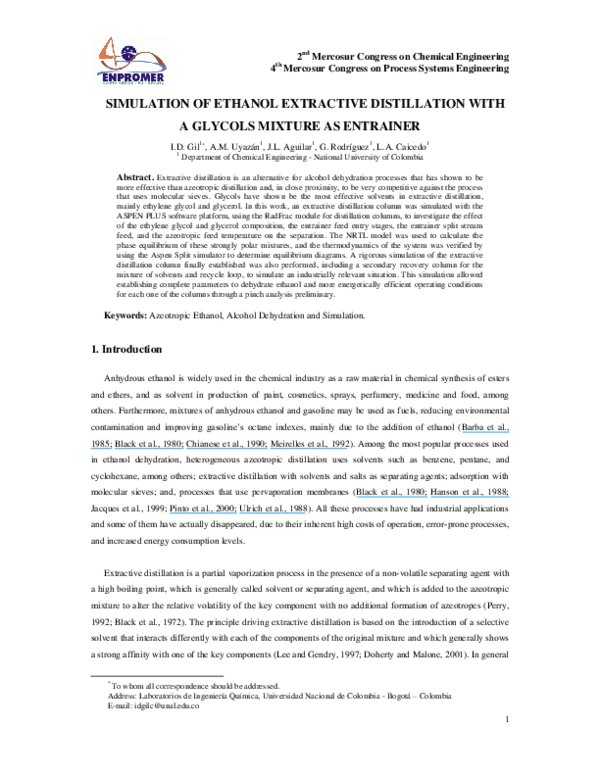 Pdf Simulation Of Ethanol Extractive Distillation With A Glycols Mixture As Entrainer