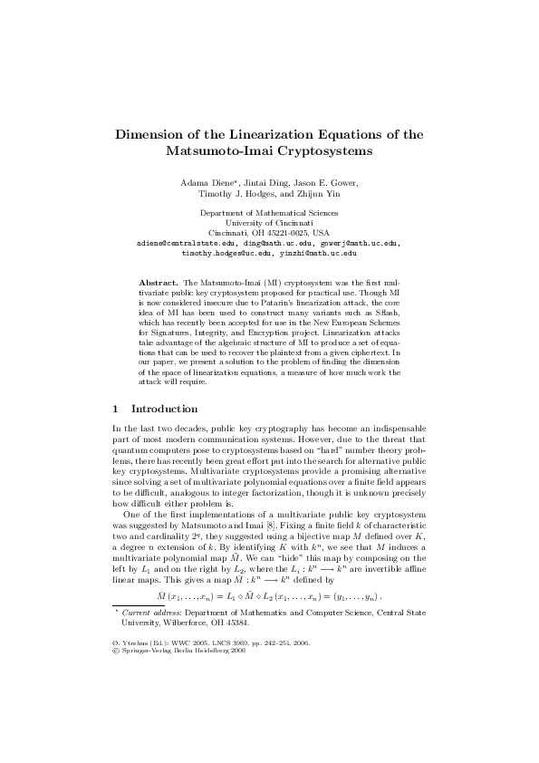 (PDF) Dimension of the Linearization Equations of the Matsumoto-Imai ...