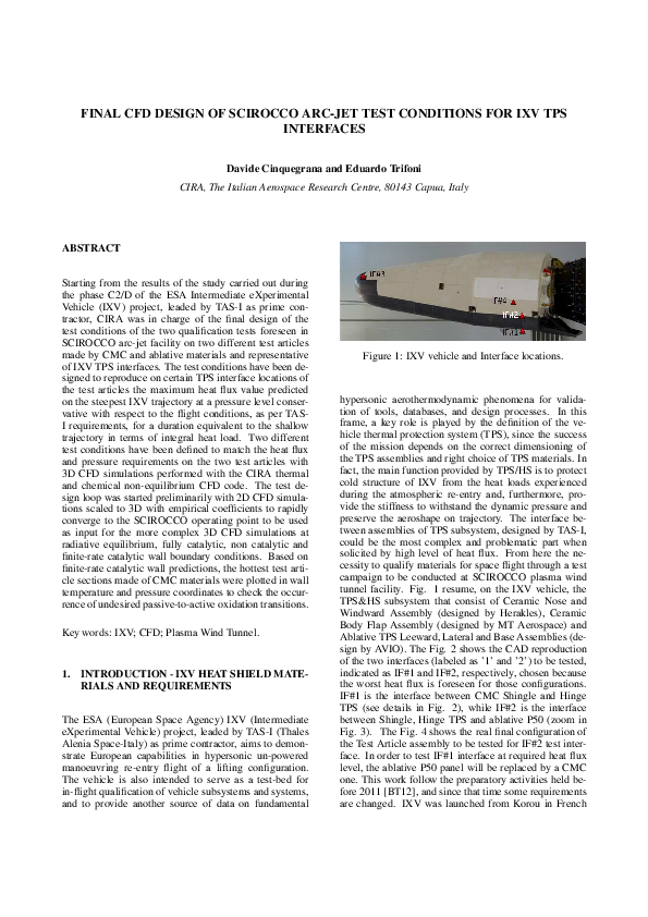 (PDF) Final CFD Design of SCIROCCO Arc-jet Test Conditions for IXV TPS ...