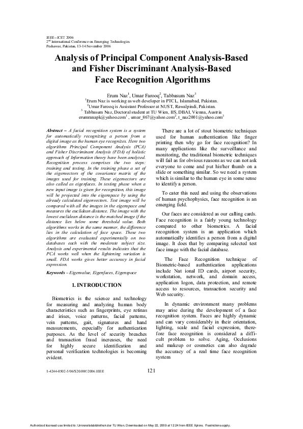 (PDF) Analysis of Principal Component Analysis-Based and Fisher Discriminant Analysis-Based Face ...