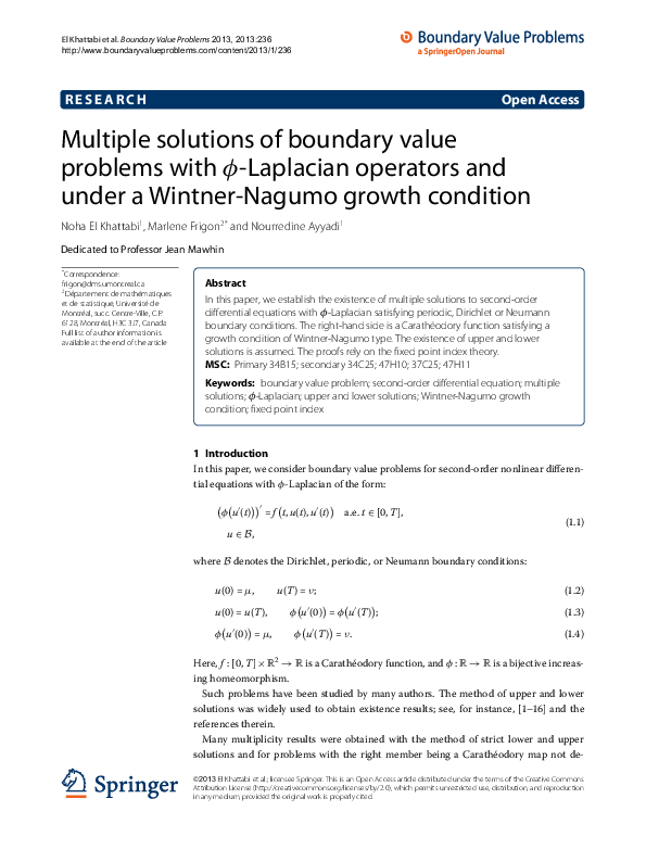 Pdf Multiple Solutions Of Boundary Value Problems With ϕ Laplacian Operators And Under A