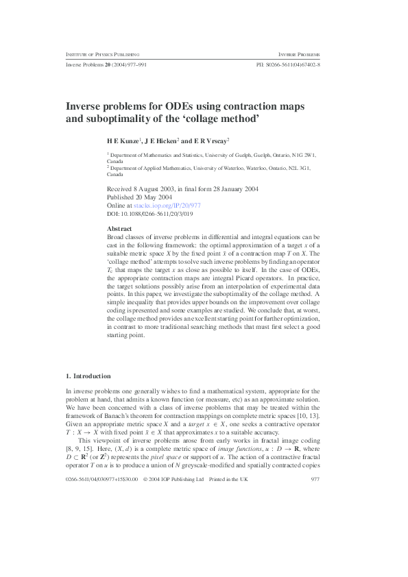 Pdf Inverse Problems For Odes Using Contraction Maps And Suboptimality Of The Collage Method