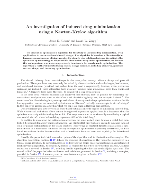 Pdf An Investigation Of Induced Drag Minimization Using A Newton Krylov Algorithm