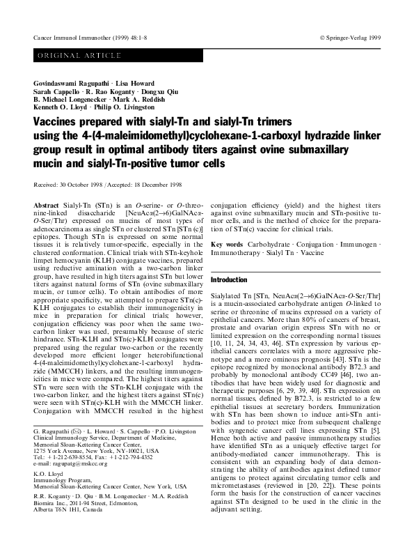 (PDF) Vaccines prepared with sialyl-Tn and sialyl-Tn trimers using the ...