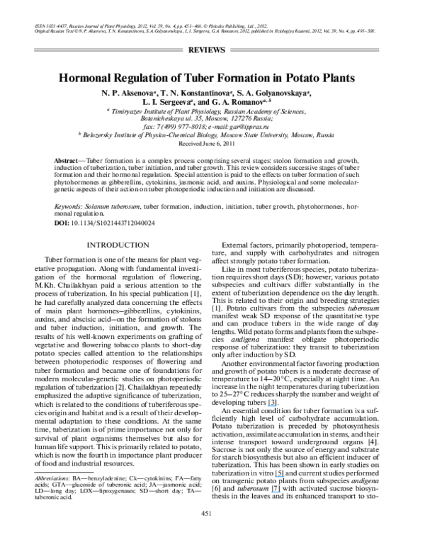 (PDF) Hormonal regulation of tuber formation in potato plants