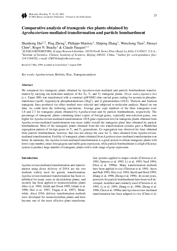 (PDF) Comparative analysis of transgenic rice plants obtained by ...
