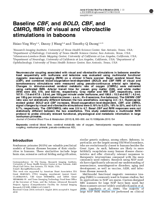 (PDF) Baseline CBF, and BOLD, CBF, and CMRO2 fMRI of visual and ...