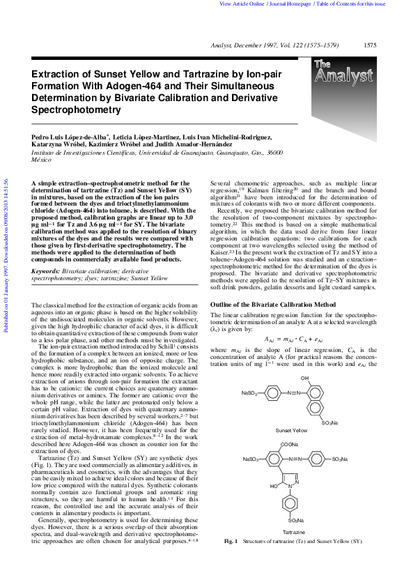 (PDF) Extraction of Sunset Yellow and Tartrazine by Ion-pair Formation ...