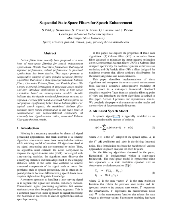 (PDF) Sequential State-Space Filters for Speech Enhancement