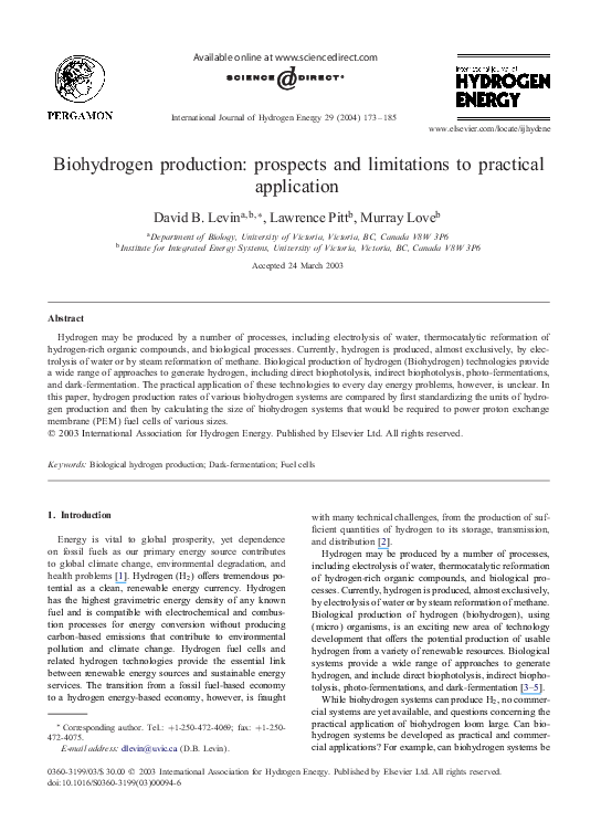 (PDF) Biohydrogen production: prospects and limitations to practical ...