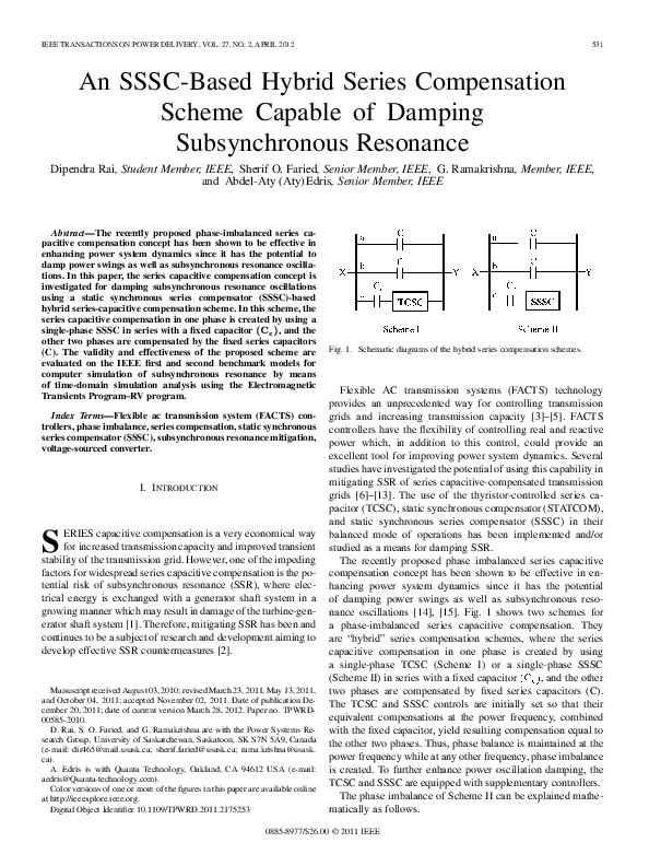 (PDF) An SSSC-Based Hybrid Series Compensation Scheme Capable of Damping Subsynchronous Resonance