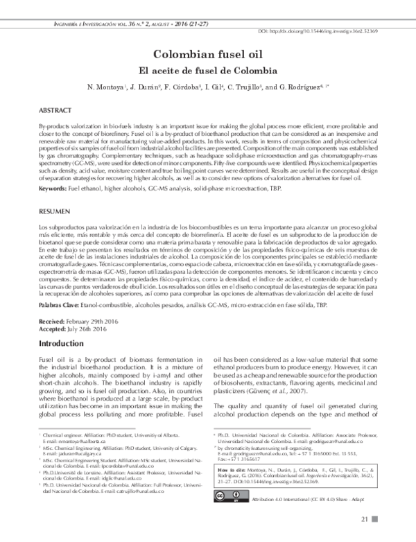 (PDF) Colombian fusel oil El aceite de fusel de Colombia