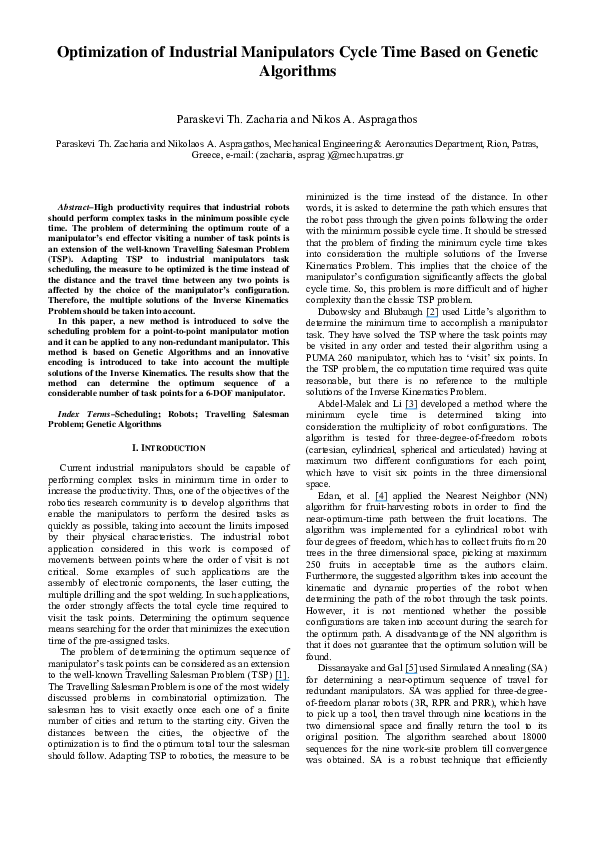 (PDF) Optimization of industrial manipulators cycle time based on genetic algorithms