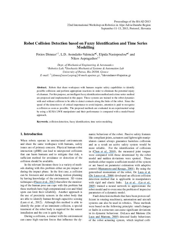 Pdf Robot Collision Detection Based On Fuzzy Identification And Time Series Modelling 