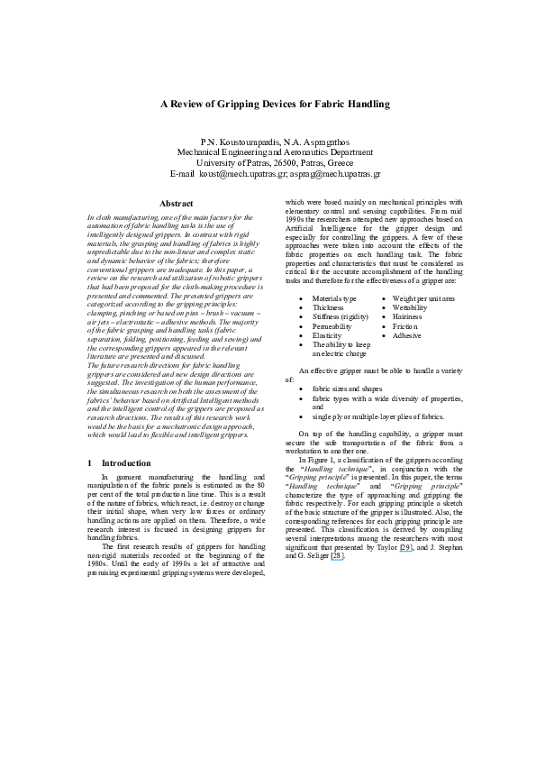 (PDF) A Review of Gripping Devices for Fabric Handling