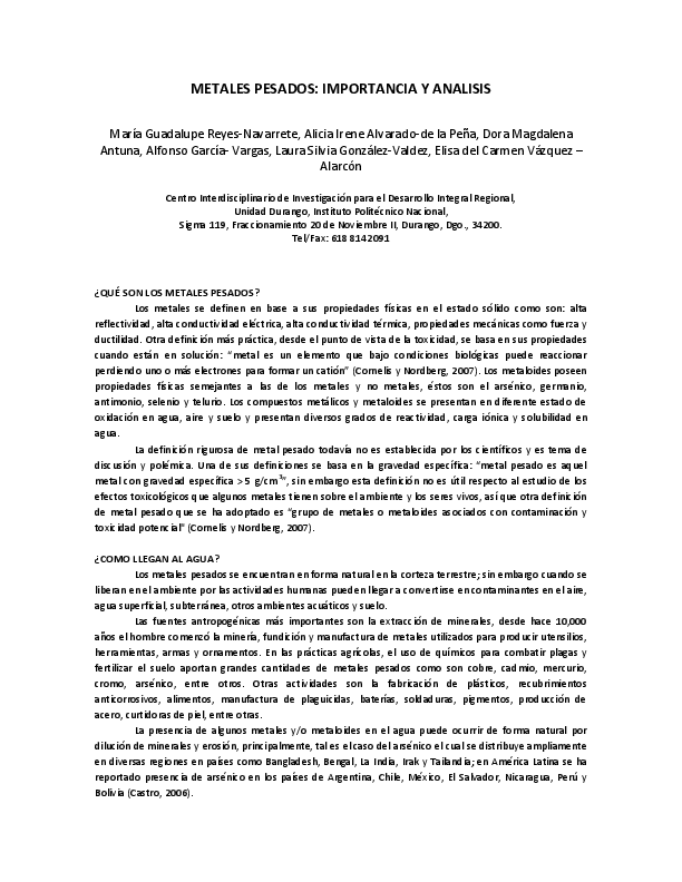 (PDF) METALES PESADOS: IMPORTANCIA Y ANALISIS