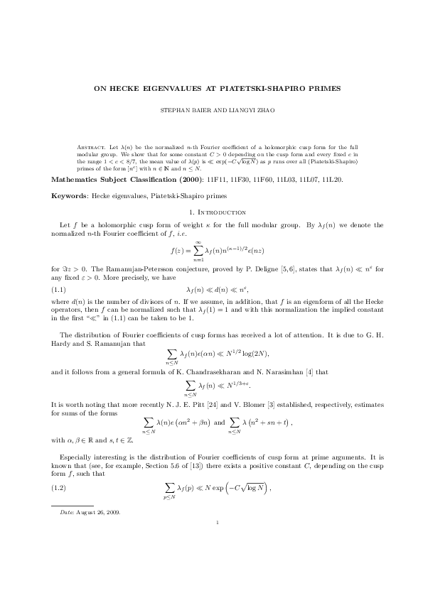 (PDF) On Hecke Eigenvalues at Piatetski-Shapiro Primes