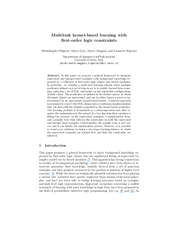 Pdf Multitask Kernel Based Learning With First Order Logic