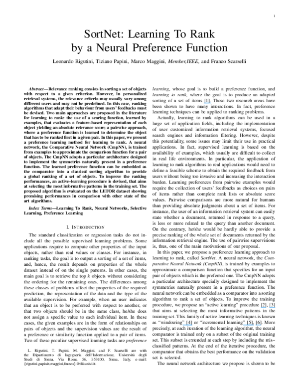 (PDF) SortNet: Learning to Rank by a Neural Preference Function