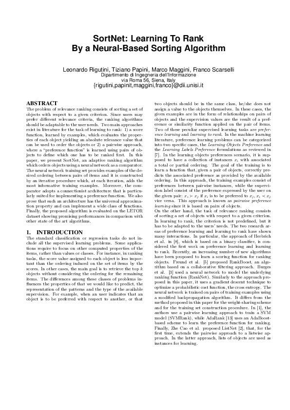 (PDF) Sortnet: Learning to rank by a neural-based sorting algorithm