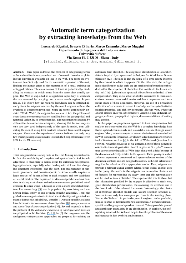 (PDF) Automatic Term Categorization by Extracting Knowledge from the Web