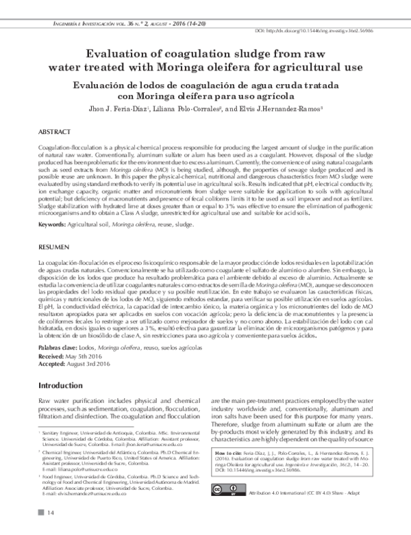 (PDF) Evaluation of coagulation sludge from raw water treated with Moringa oleifera for ...