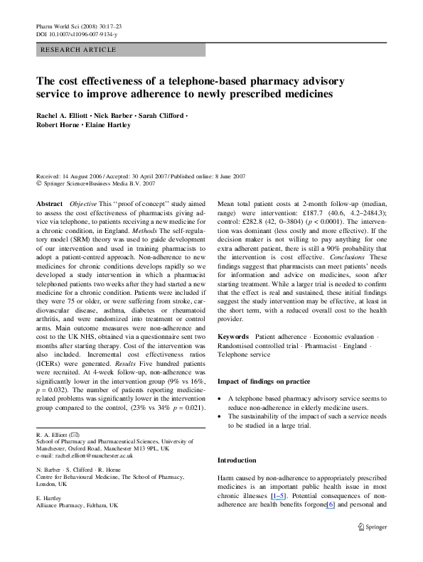 (PDF) The cost effectiveness of a telephone-based pharmacy advisory ...