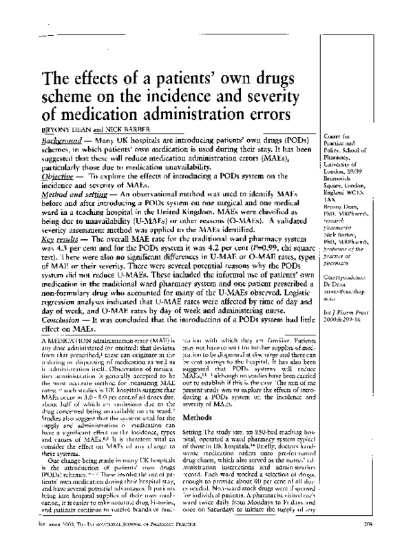 (PDF) The effects of a patients' own drugs scheme on the incidence and ...