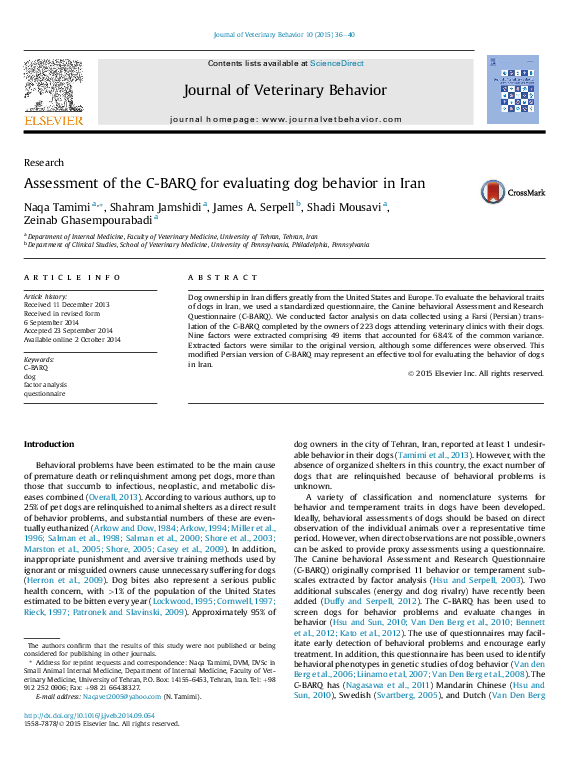 (PDF) Assessment of the C-BARQ for evaluating dog behavior in Iran
