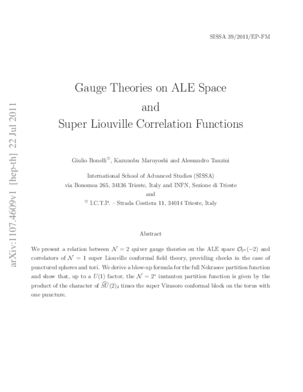 (PDF) Gauge Theories on ALE Space and Super Liouville Correlation Functions