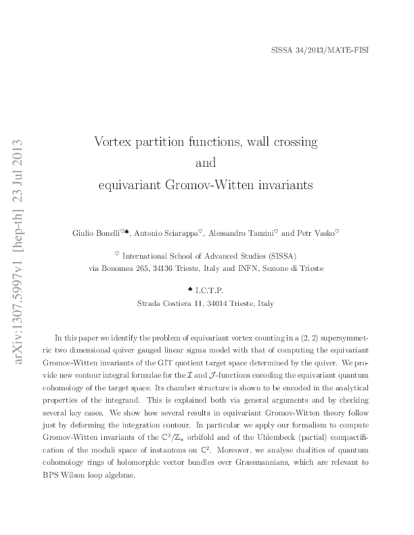 (PDF) Vortex Partition Functions, Wall Crossing and Equivariant Gromov–Witten Invariants