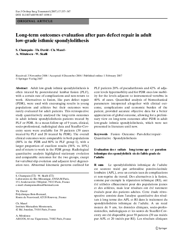 (PDF) Long-term outcomes evaluation after pars defect repair in adult ...