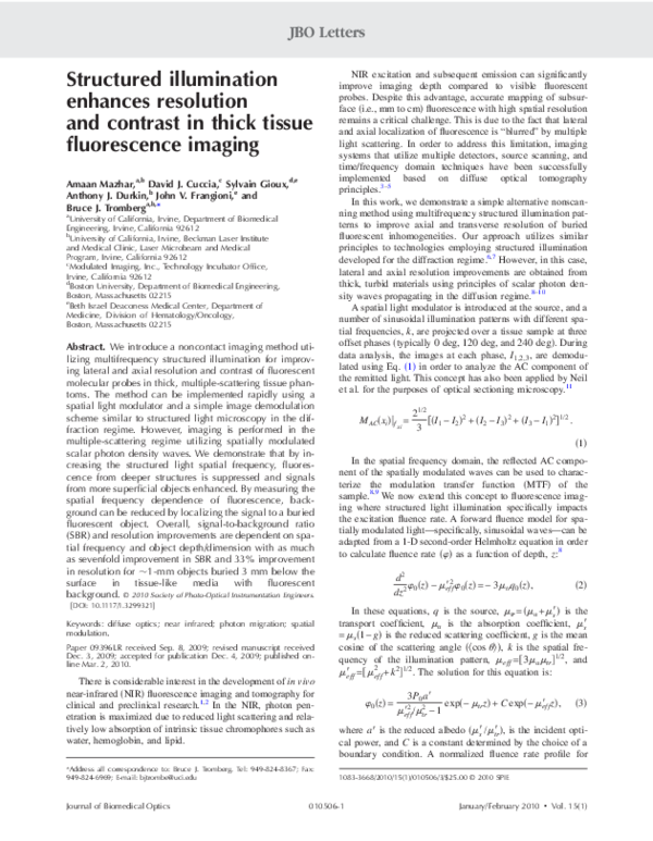 Pdf Structured Illumination Enhances Resolution And Contrast In Thick Tissue Fluorescence Imaging