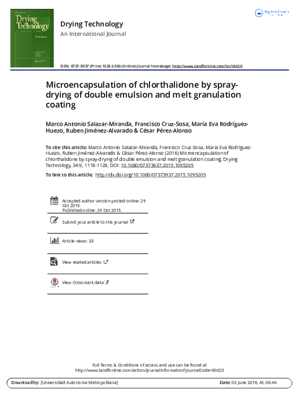 (PDF) Microencapsulation of Chlorthalidone by Spray-Drying of Double Emulsion and Melt ...
