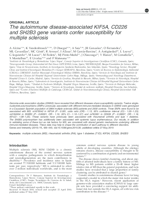 (PDF) The autoimmune disease-associated KIF5A, CD226 and SH2B3 gene ...