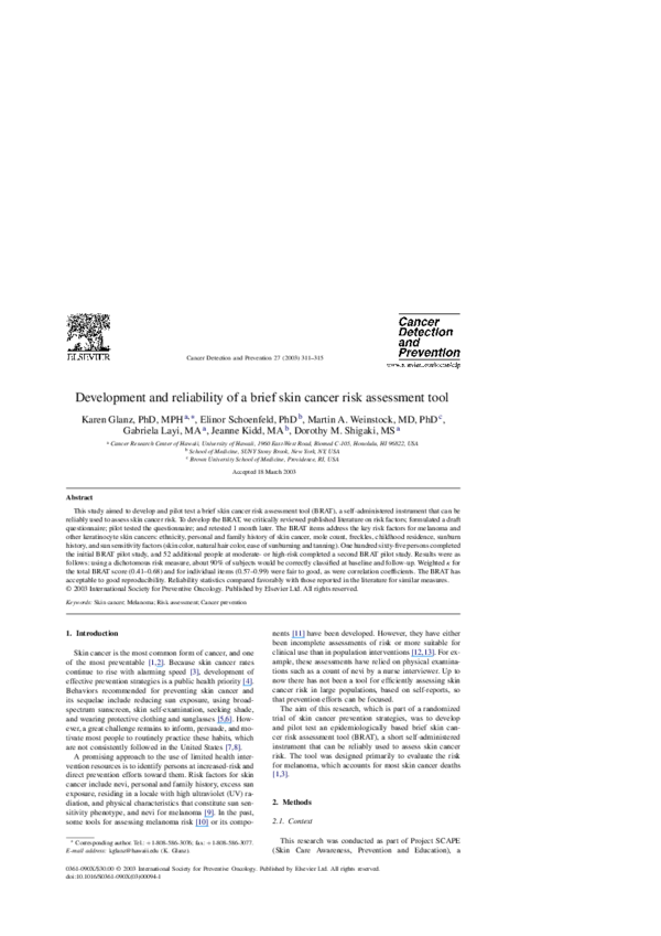 (PDF) Development and reliability of a brief skin cancer risk ...