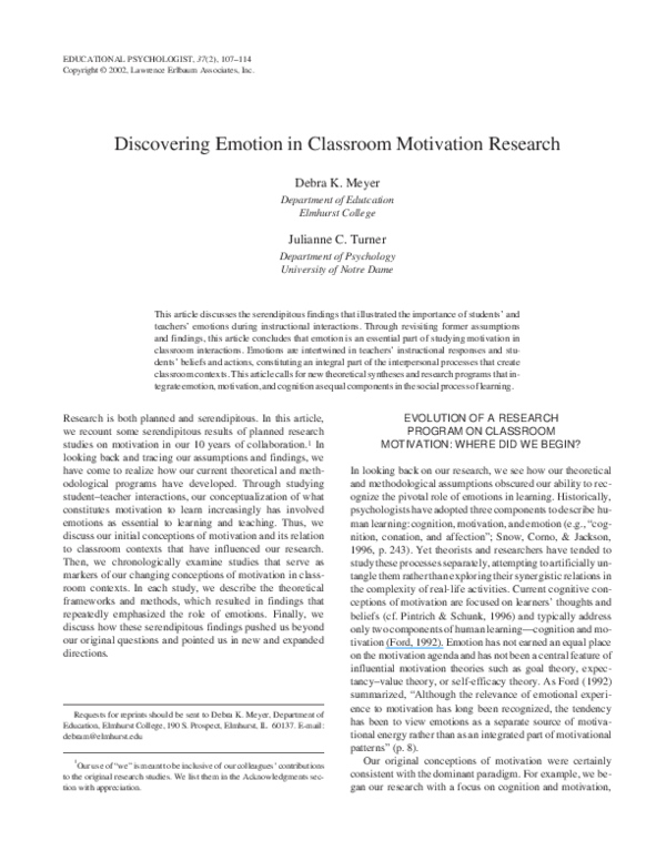(PDF) Discovering Emotion in Classroom Motivation Research