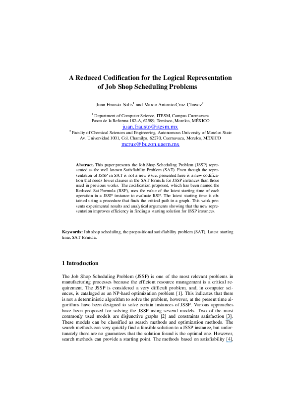 Pdf A Reduced Codification For The Logical Representation Of Job Shop Scheduling Problems