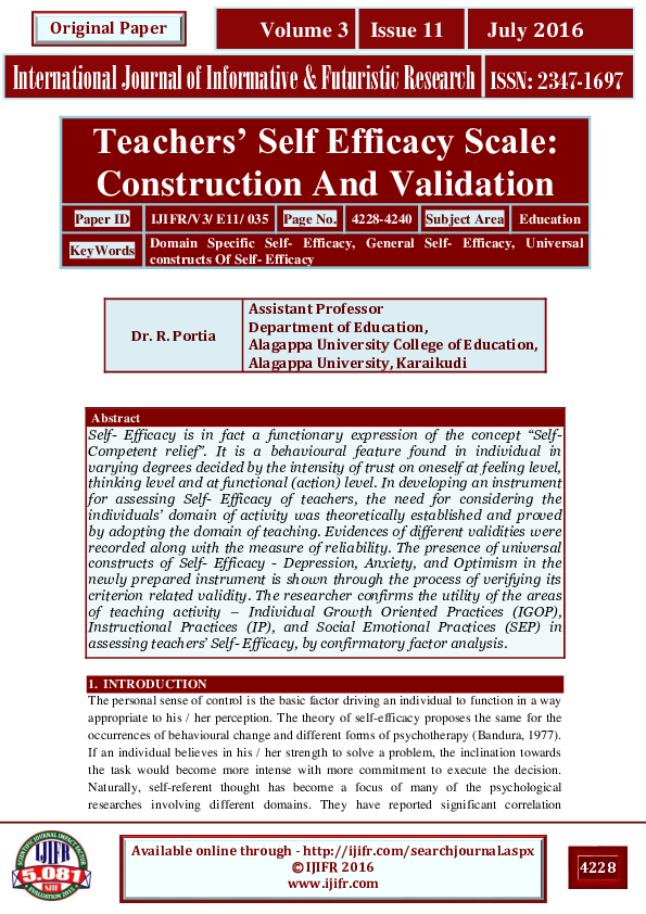 (PDF) Teachers’ Self Efficacy Scale: Construction And Validation