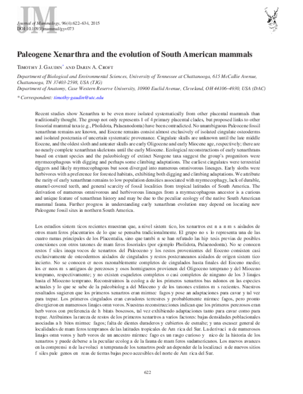 (PDF) Paleogene Xenarthra and the evolution of South American mammals