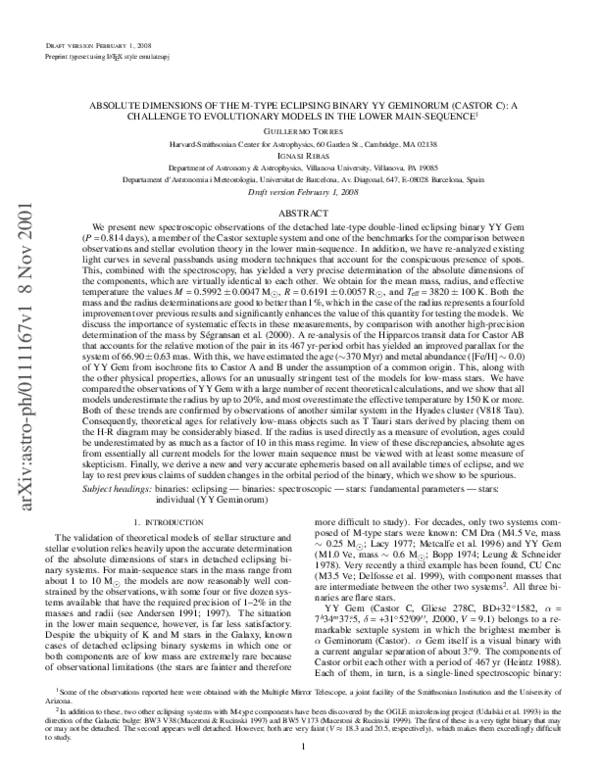 (PDF) Absolute Dimensions of the M‐Type Eclipsing Binary YY Geminorum (Castor C): A Challenge to ...
