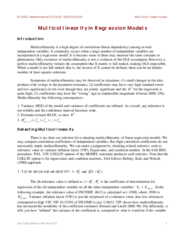 Pdf Multicollinearity In Regression Models