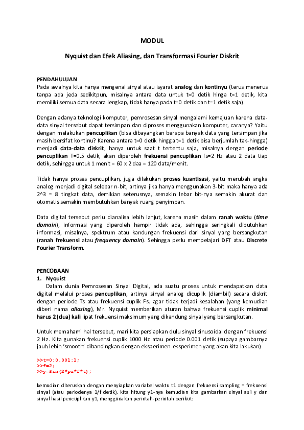 (PDF) MODUL Nyquist dan Efek Aliasing, dan Transformasi Fourier Diskrit