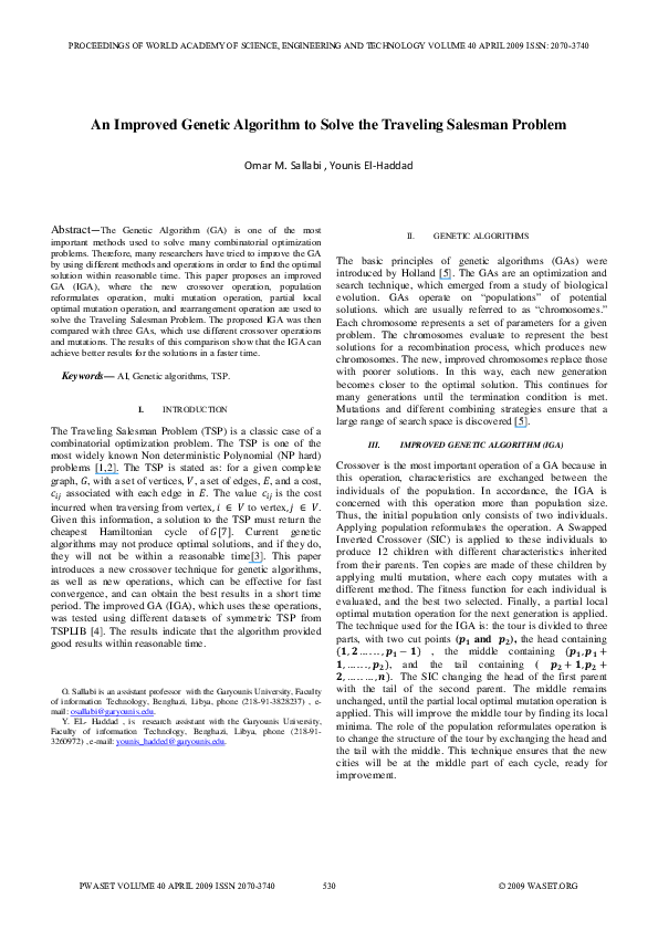 Pdf An Improved Genetic Algorithm To Solve The Traveling Salesman Problem 9436