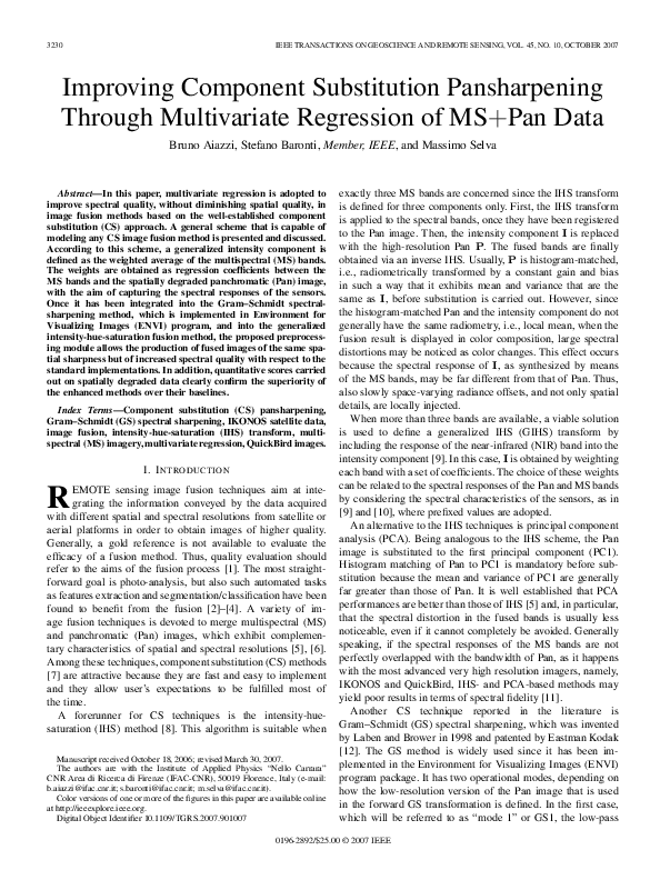 (PDF) Improving Component Substitution Pansharpening Through Multivariate Regression of MS +Pan Data