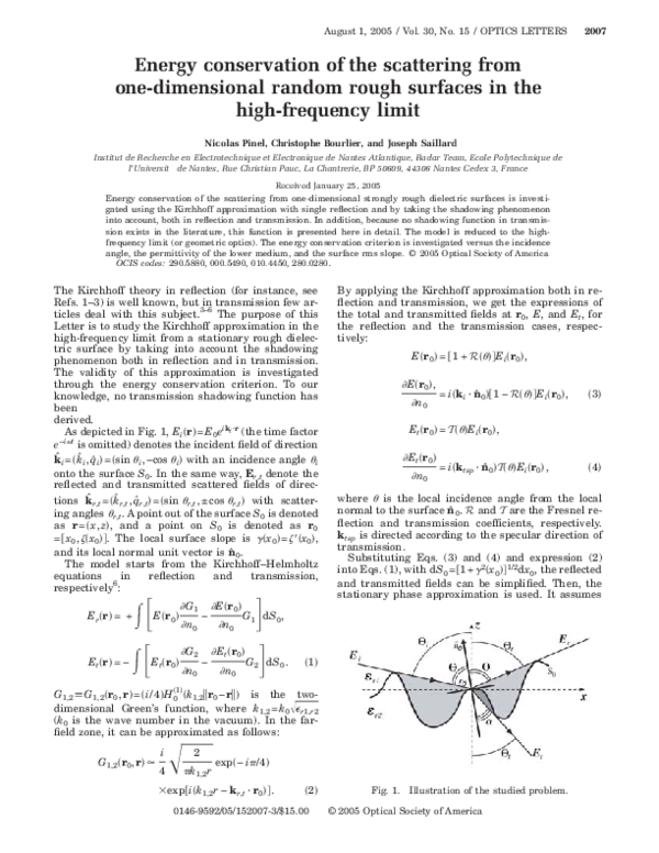 (PDF) Energy conservation of the scattering from one-dimensional random rough surfaces in the ...