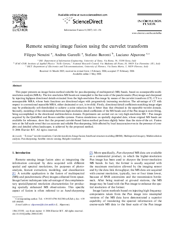 (PDF) Remote sensing image fusion using the curvelet transform