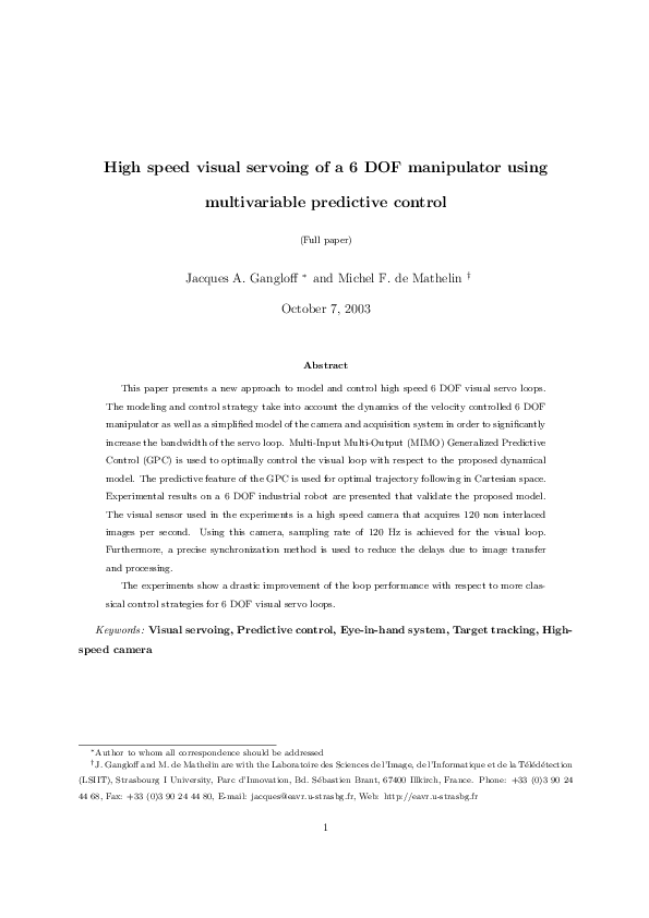 (PDF) High-speed visual servoing of a 6-d.o.f. manipulator using multivariable predictive control