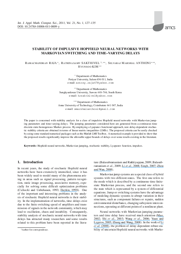 (PDF) Stability of impulsive Hopfield neural networks with Markovian switching and time-varying ...